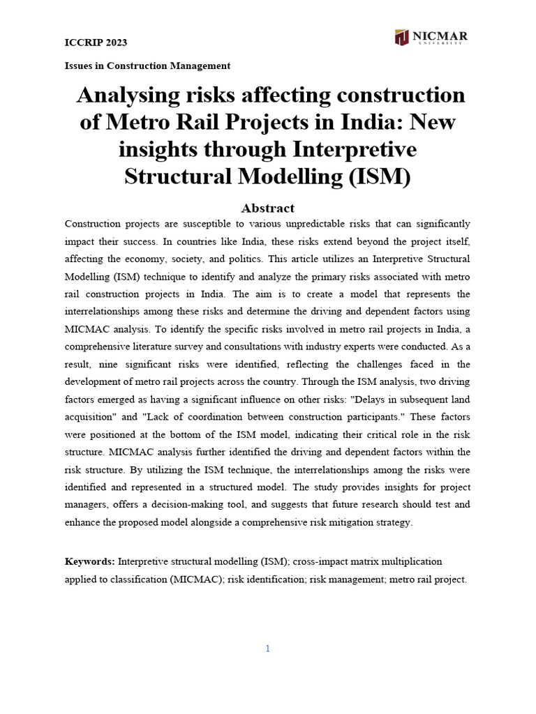 Analysing Risks Affecting Construction of Metro Rail Projects in India ...