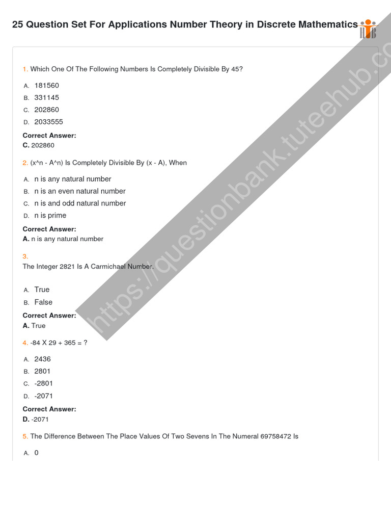 25 Question Set For Applications Number Theory in Discrete Mathematics ...