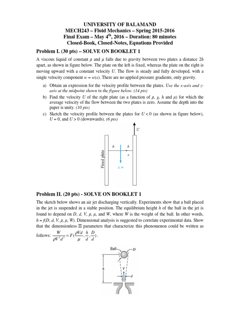 Fluid Mechanics Final Exam 2016 | PDF | Fluid Dynamics | Civil Engineering