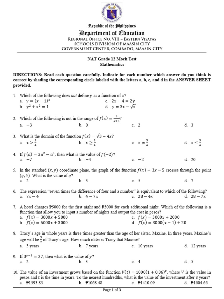 Mathematics NAT Questionnaire | PDF | Trigonometric Functions | Median