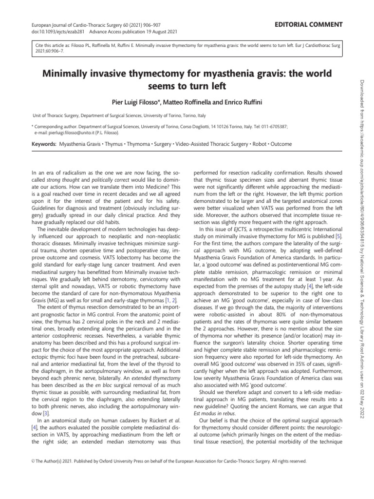 Minimally Invasive Thymectomy For Myasthenia Gravis - The World Seems ...
