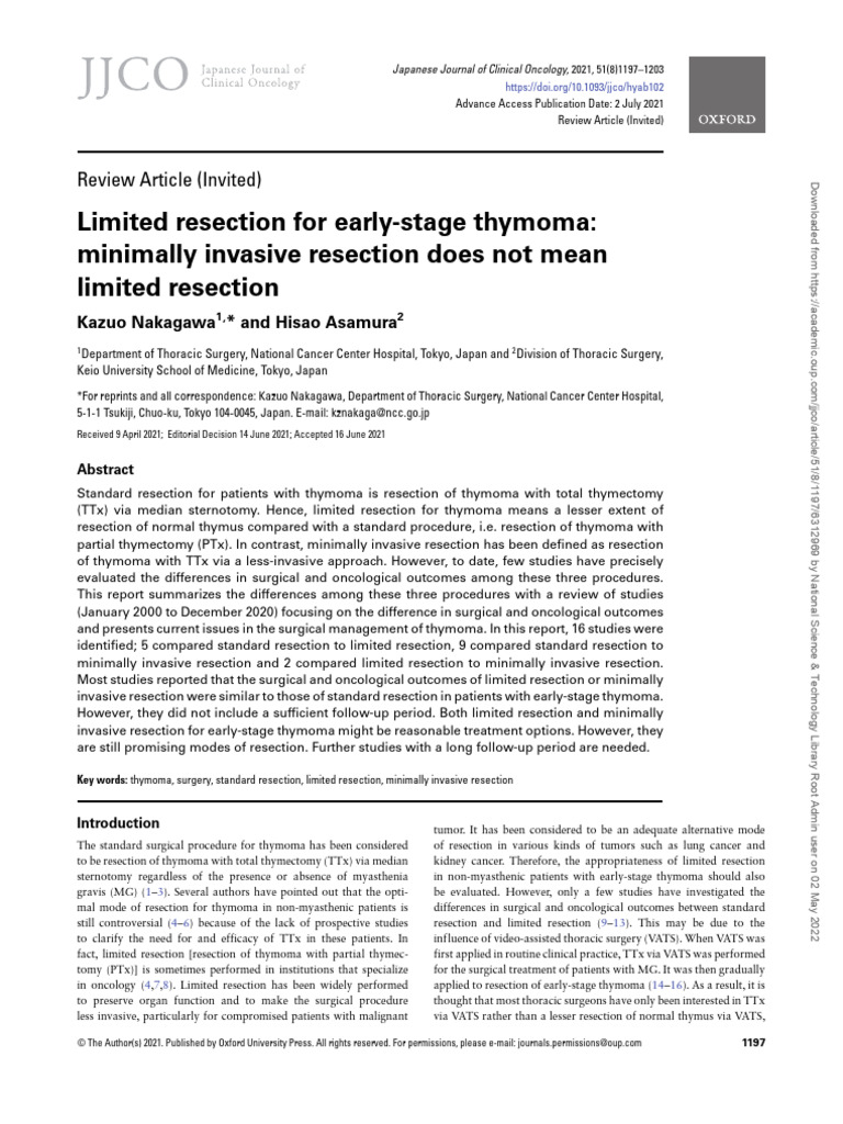 Limited resection for early-stage thymoma- minimally invasive resection ...