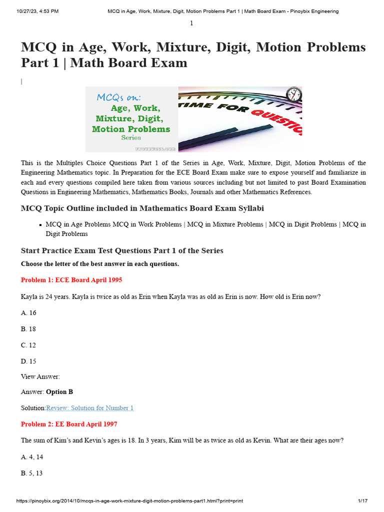 MCQ in Age, Work, Mixture, Digit, Motion Problems | PDF | Multiple Choice | Ounce