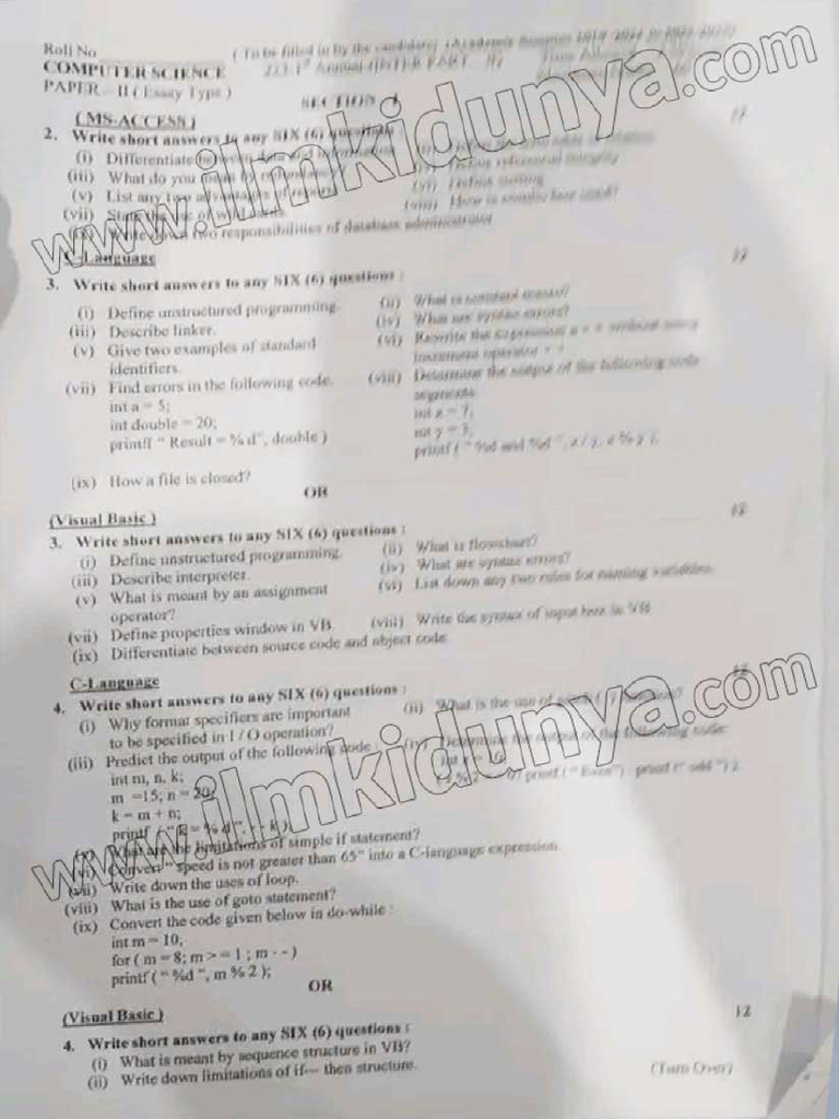Past Paper 2023 Inter Part II Lahore Board Computer Science Subjective ...