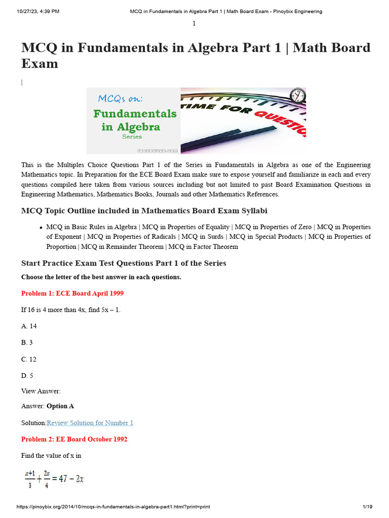 MCQ in Fundamentals in Algebra | PDF | Equations | Multiple Choice