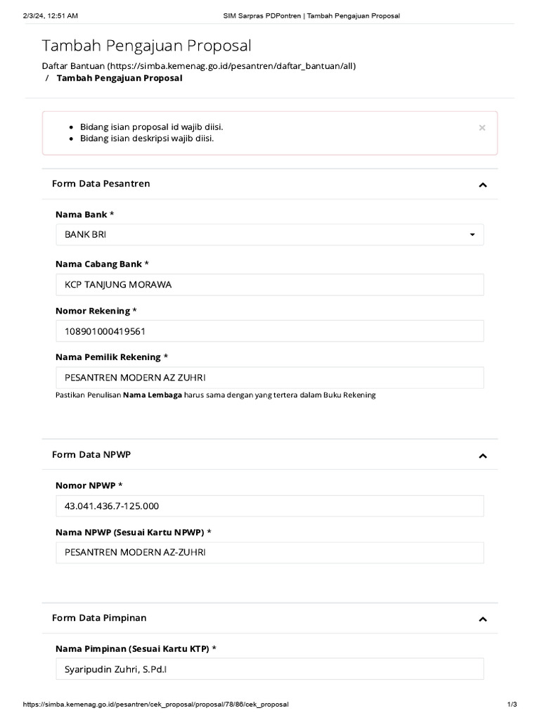 SIM Sarpras PDPontren - Tambah Pengajuan Proposal | PDF