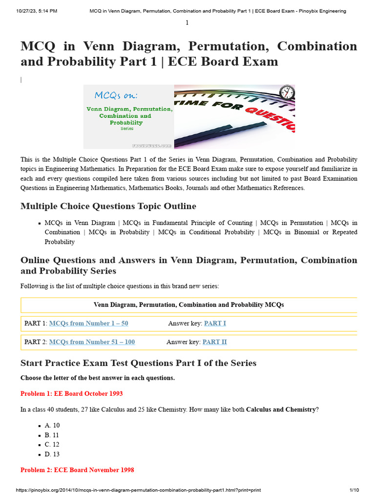 MCQ in Venn Diagram, Permutation, Combination and Probability | PDF ...