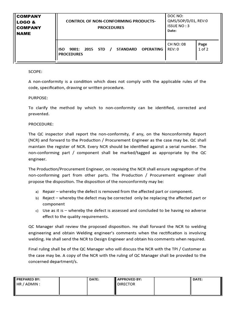 08 NCR, Control of NCR Procedures | PDF