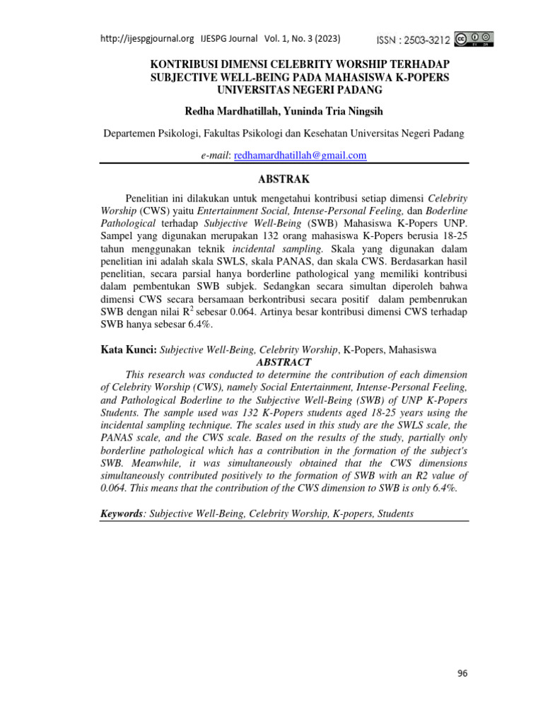 Dimensi Celebrity Worship dan SWB Mahasiswa | PDF