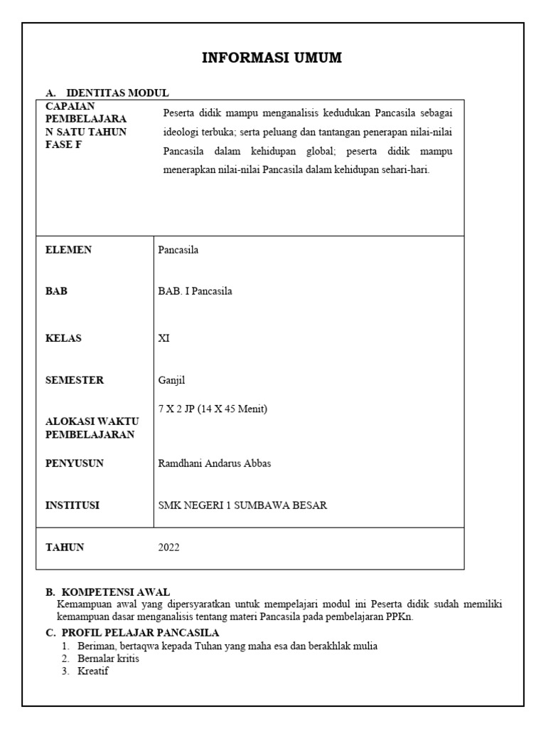 Modul Ajar SMK Kelas Xi Kurikulum Merdeka Pancasila | PDF