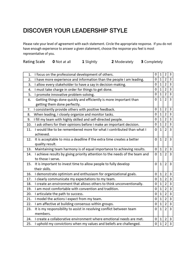 Leadership Style Assessment Questionnaire | PDF | Behavioural Sciences ...