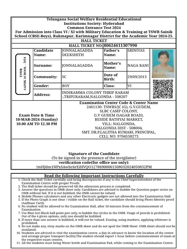 Deekshith Tswreis Sainik Hall Ticket | PDF