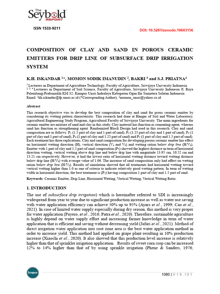 COMPOSITION OF CLAY AND SAND IN POROUS CERAMIC EMITTERS FOR DRIP LINE ...