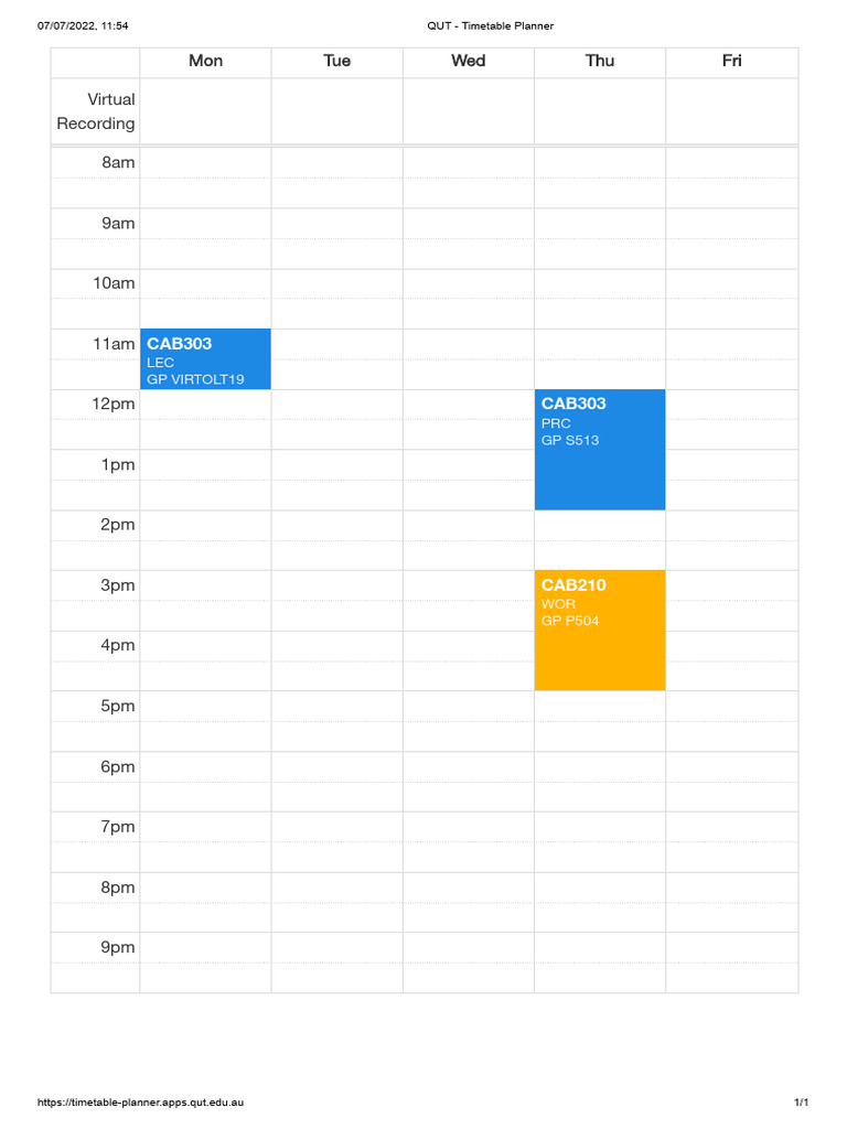 QUT - Timetable Planner | PDF