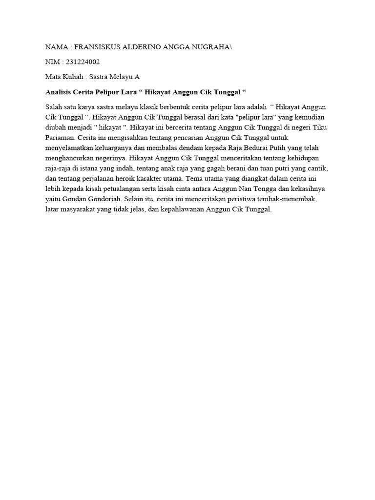 Analisis Hikayat Anggun Cik Tunggal | PDF