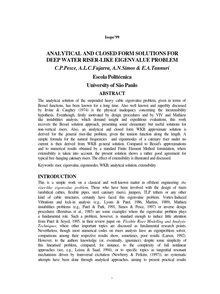 Analytical and Closed Form Solutions For Deep Water Riser-Like Eigenvalue Problem | PDF ...