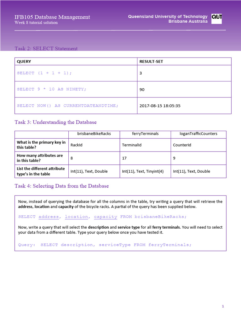 IFB105 Week 8 Tutorial Worksheet Solutions | PDF | Information Retrieval | Databases