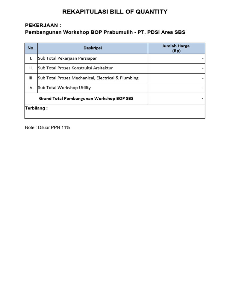 BOQ Pembangunan Workshop BOP Prabumulih | PDF