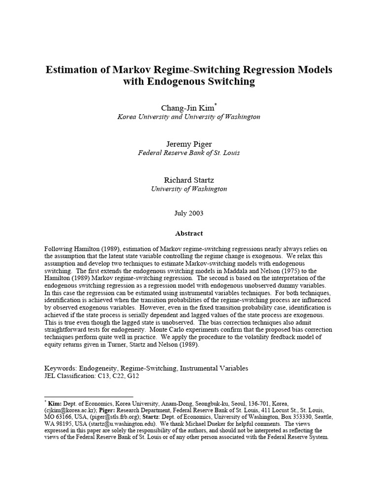 2003 Estimation of Markov Regime-Switching Regression Models With Endoenous Switching | PDF ...