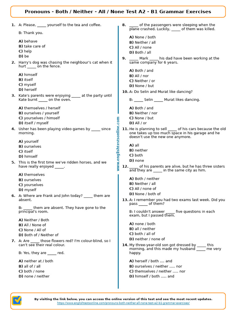 Pronouns: Both, Neither, All, None Exercises | PDF