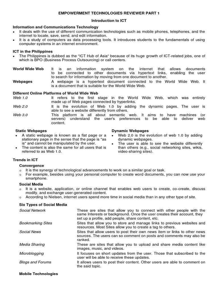 Empowerment Technologies Reviewer Part 1 | PDF | World Wide Web | Internet & Web