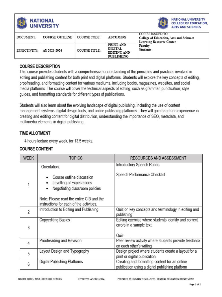 Abcom05x Course Outline | PDF | Publishing | Electronic Publishing