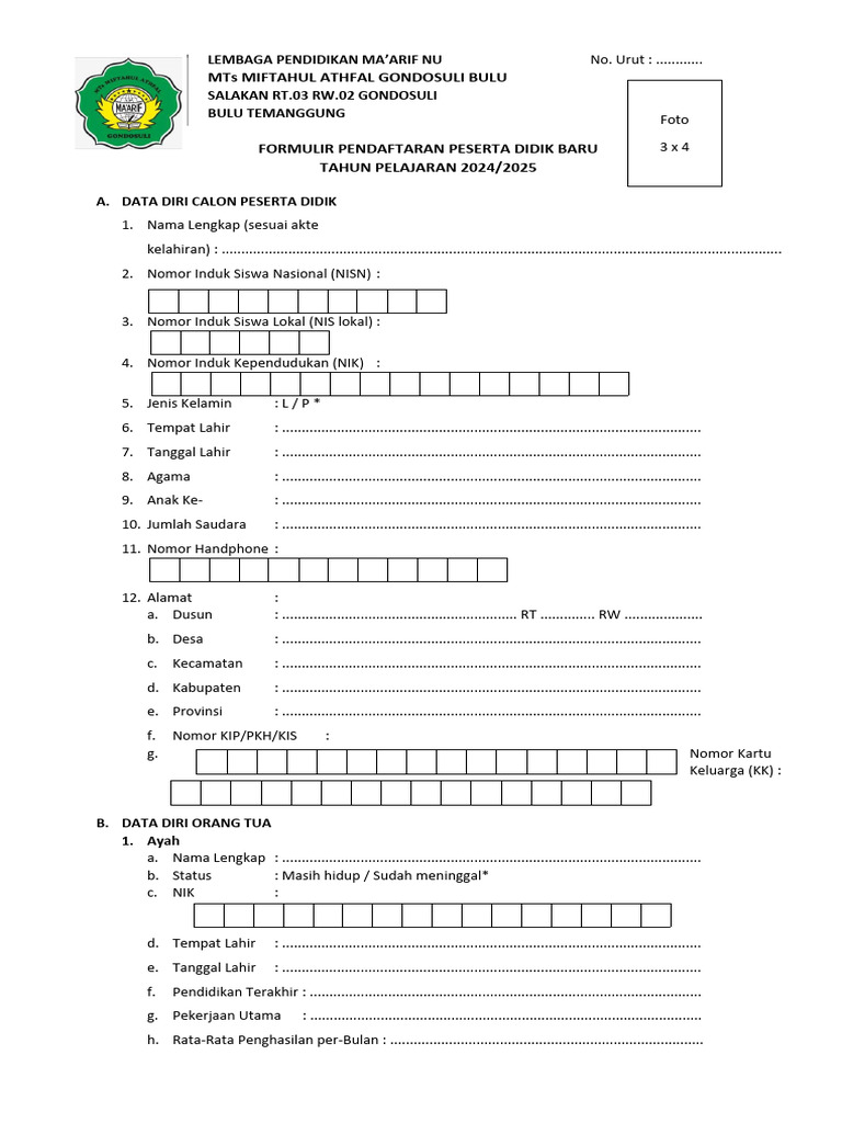 Formulir PPDB 2024 MTs | PDF
