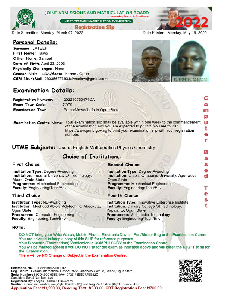 Utme Registration Slip | PDF | Computing