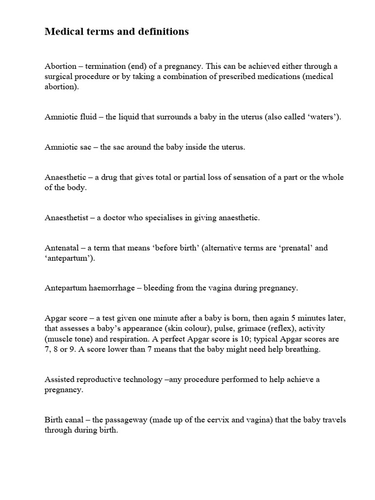 Medical Terms and Definitions | PDF | Childbirth | Pregnancy