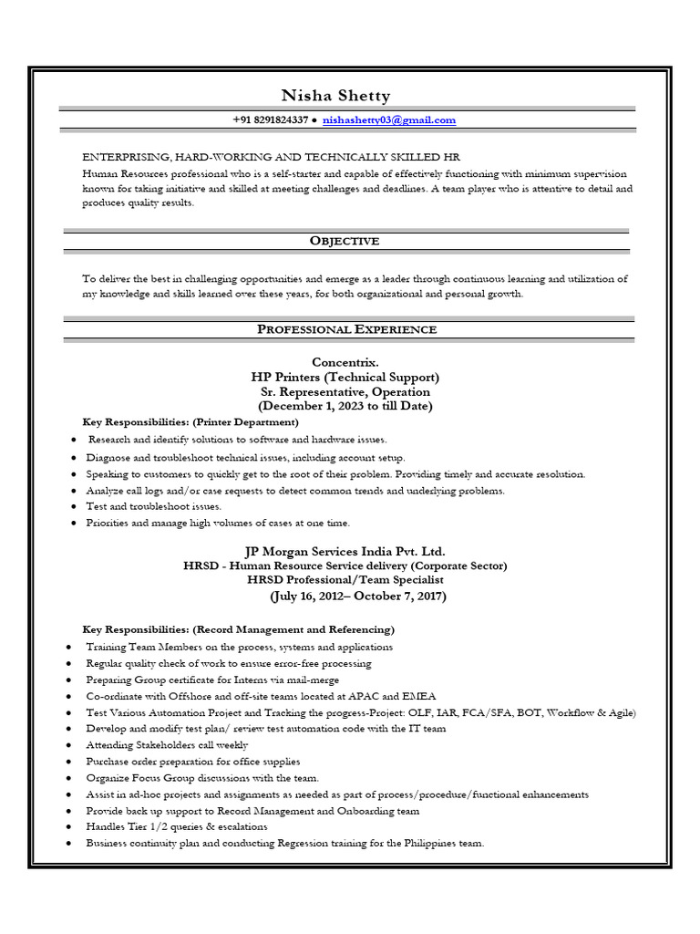 HR Professional Resume of Nisha Shetty | PDF | Human Resources | Business