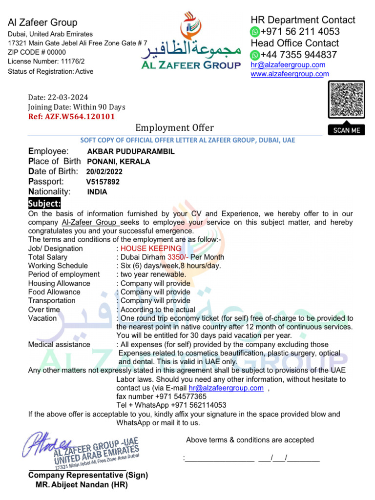 Al Zafeer Group Job Offer Letter | PDF | United Arab Emirates | Dubai