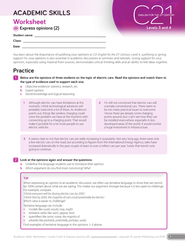 C21 L3+4 Academic Skills Worksheet Express Opinions 2 | PDF | Sea Level ...