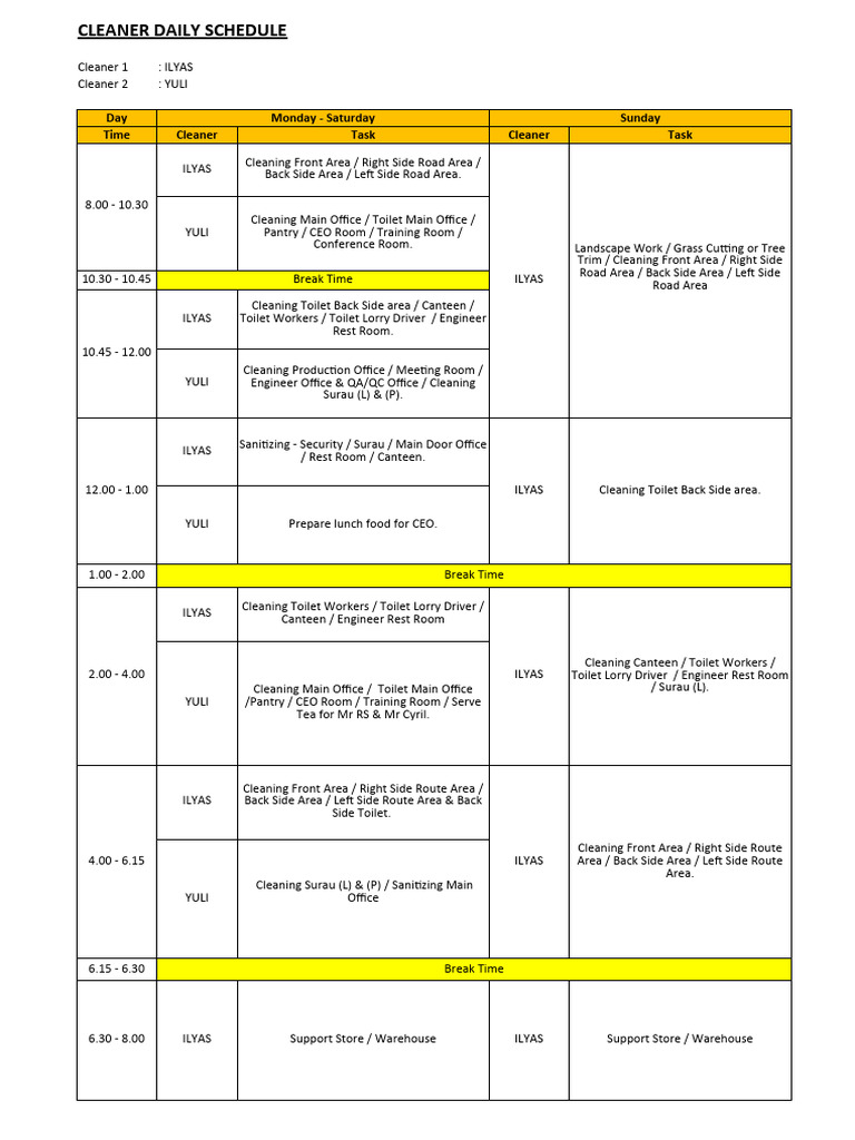Cleaner Schedule | PDF