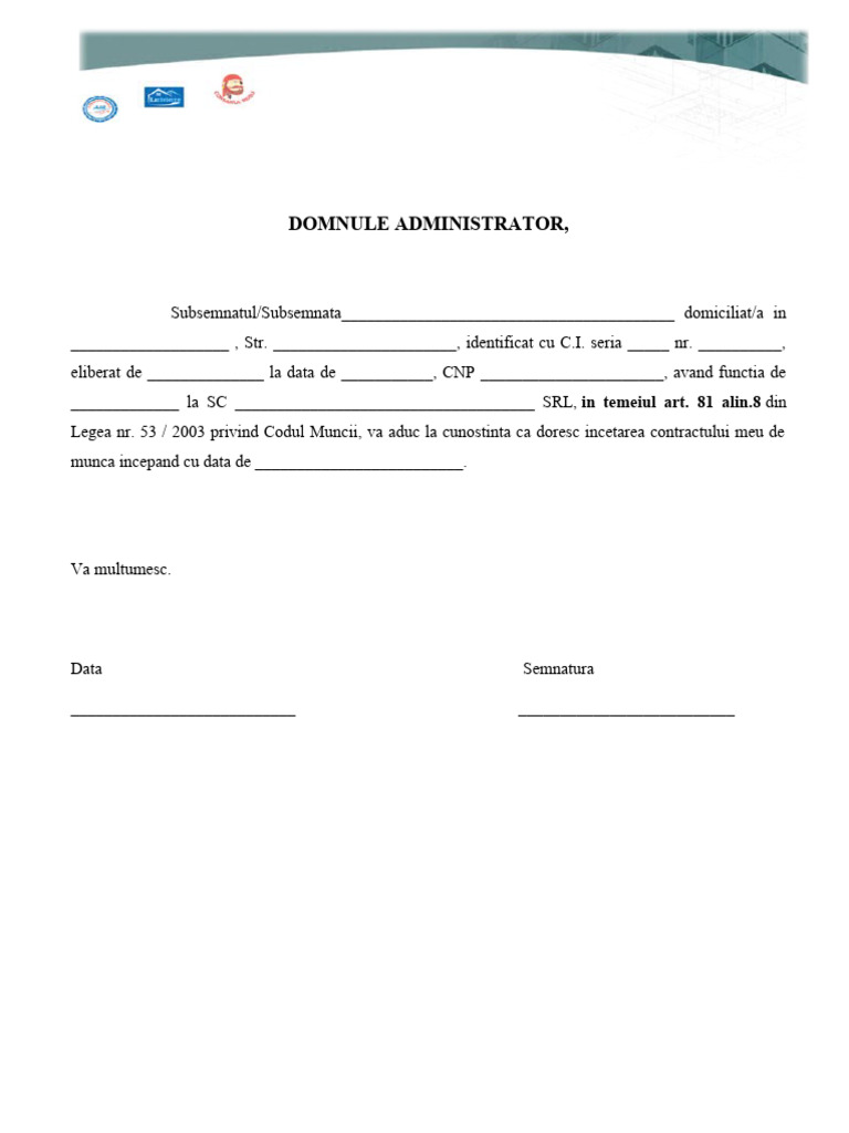 NOTIFICARE INCETARE CIM ART 81 - Demisie Fara Preaviz | PDF