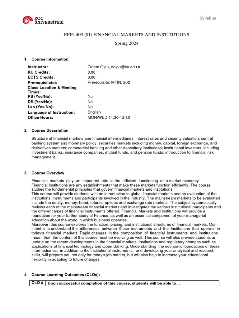 Spring 2024 EFIN 403 (01) Syllabus 09 12 2023 | PDF | Financial Markets | Banks