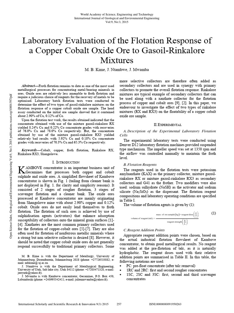 Copper Cobalt Flotation with Rinkalore Mixtures | PDF | Ore | Copper