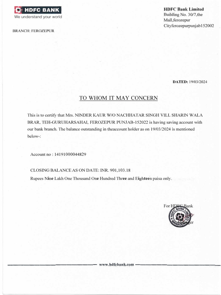 NINDER KAUR SAVINGS ACC HDFC Fin | PDF | Banking | Personal Finance