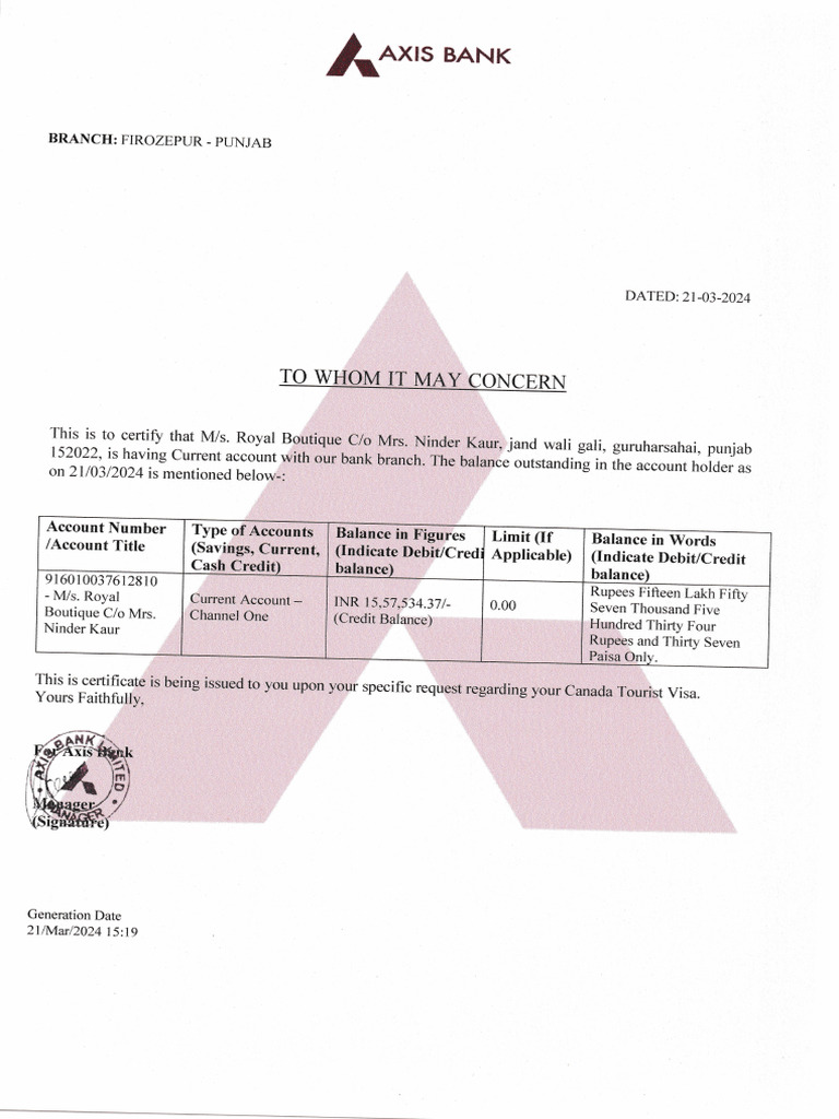 Axis Bank Balance Certificate Details | PDF | Financial Services