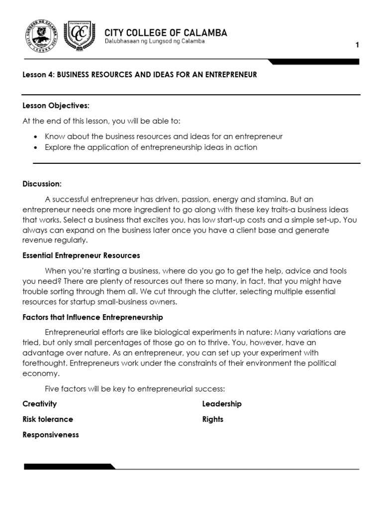 Entrepreneurial Resources & Ideas Guide | PDF | Entrepreneurship ...
