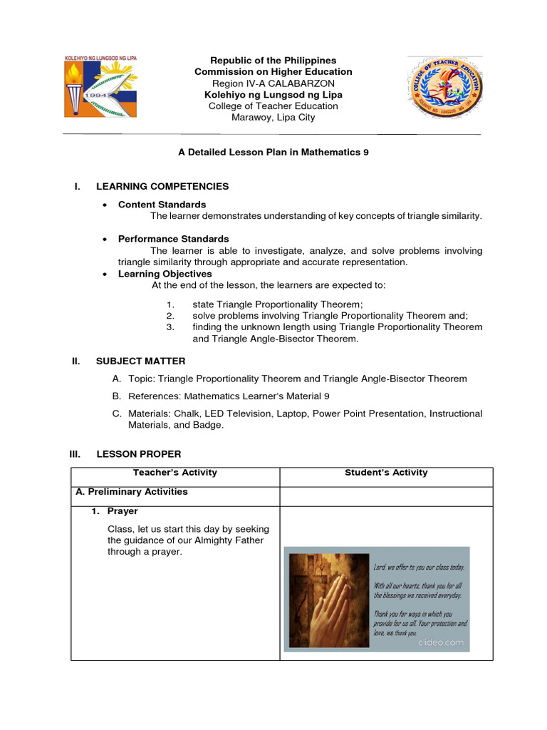 Lesson Plan: Triangle Theorems in Math 9 | PDF | Triangle | Euclid