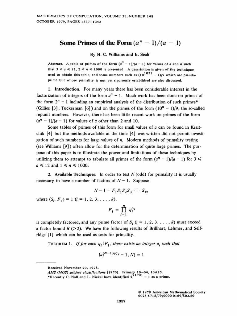 Some Primes of The Form (An - 1) / (A - 1) : by H. C. Williams and E ...