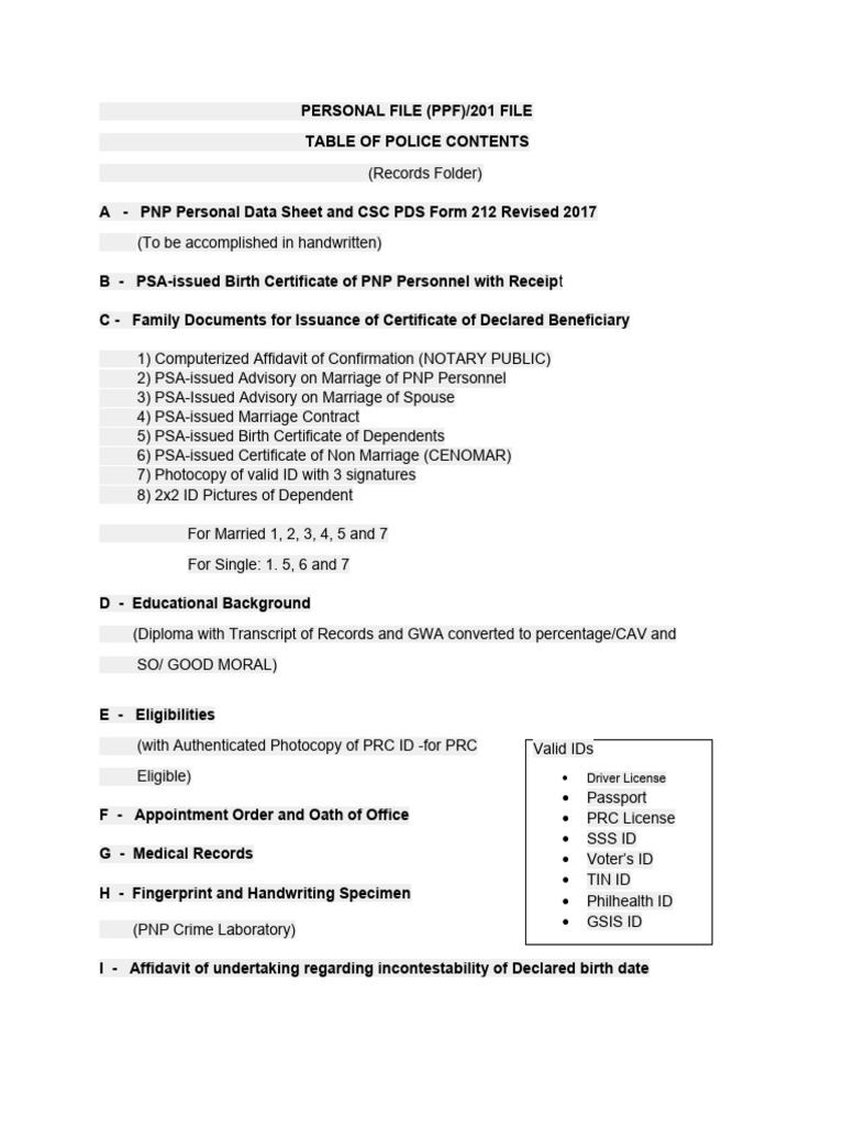 PNP Personal File Table of Contents | PDF | Government And Personhood