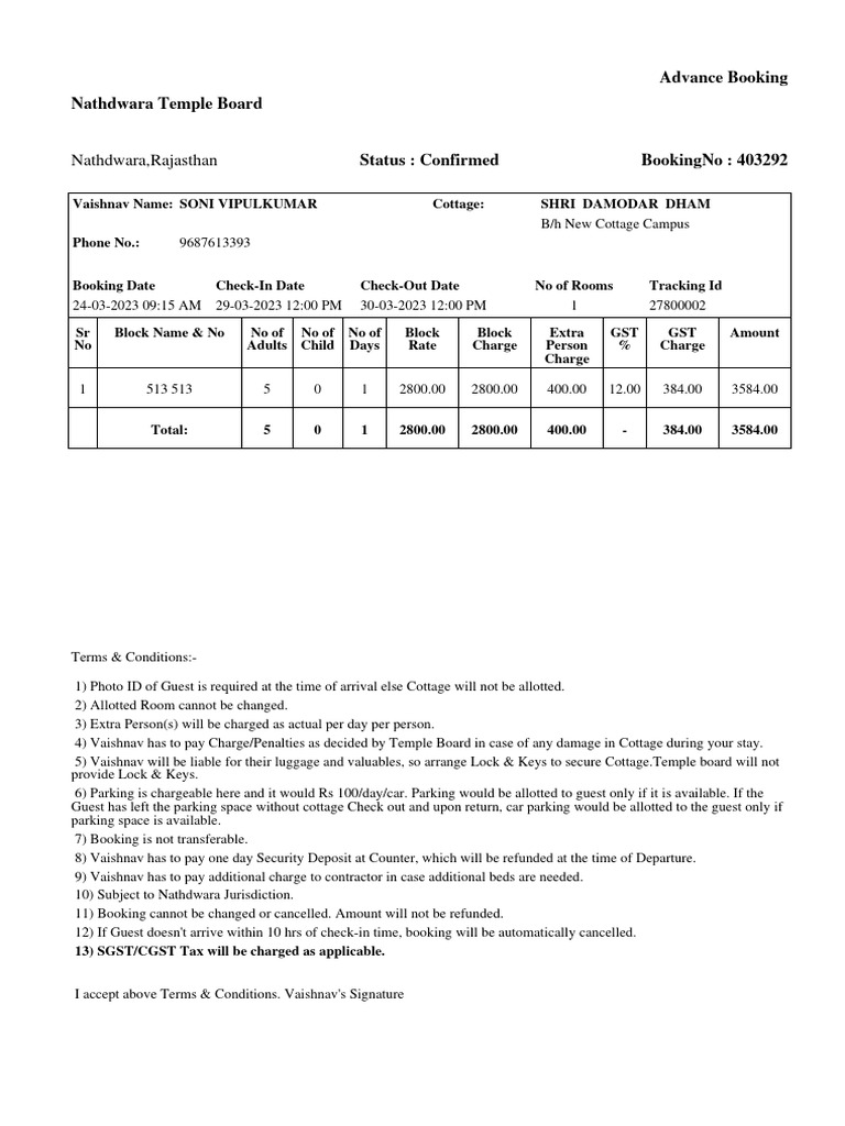 Damodar Dham Booking Confirmation | PDF | Taxation | Payments