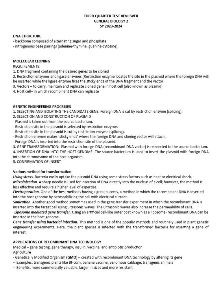 GENBIO2 3rd QTest Sy23 24reviewer | PDF | Plasmid | Molecular Cloning