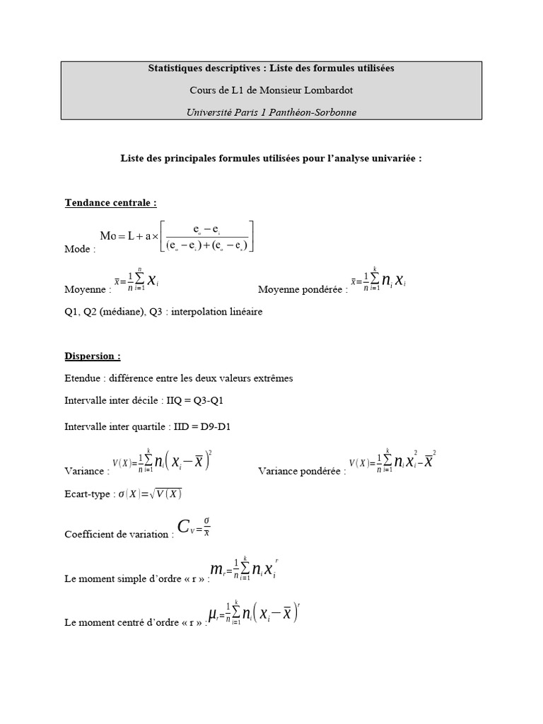 Formules de Statistiques Descriptives | PDF | Moyenne | Variance ...