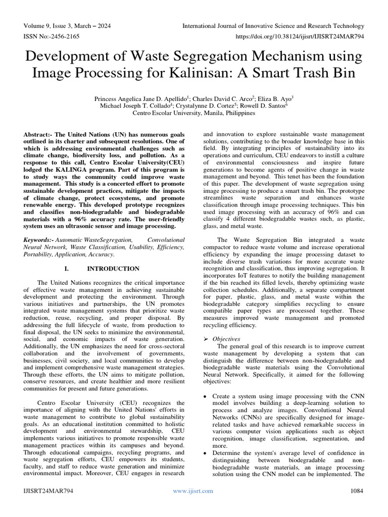 Development of Waste Segregation Mechanism Using Image Processing For Kalinisan: A Smart Trash ...