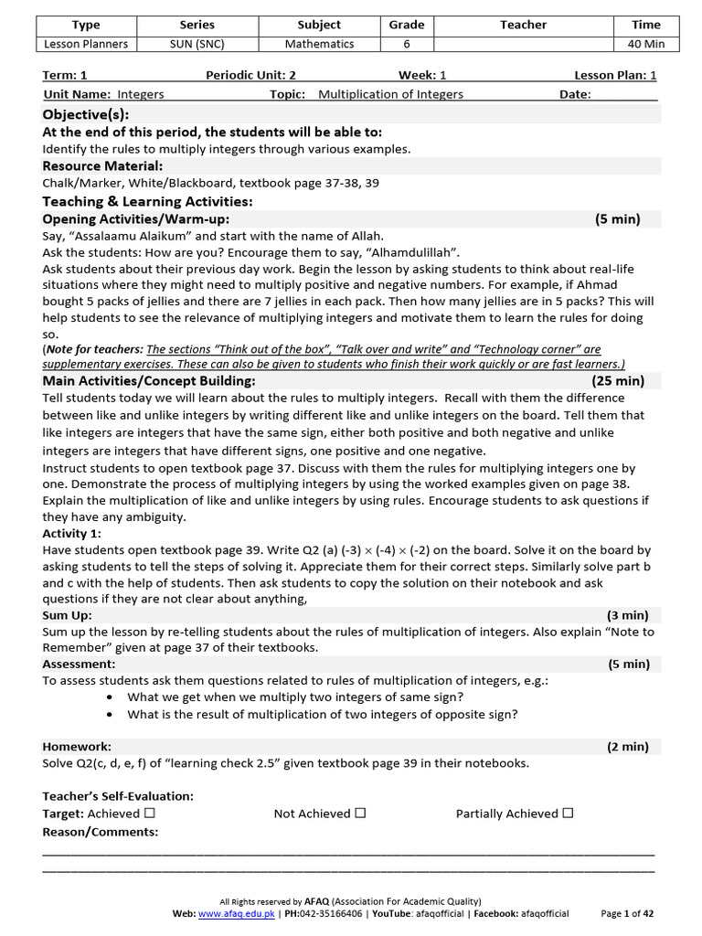 Grade 6 Math: Multiplying Integers | PDF