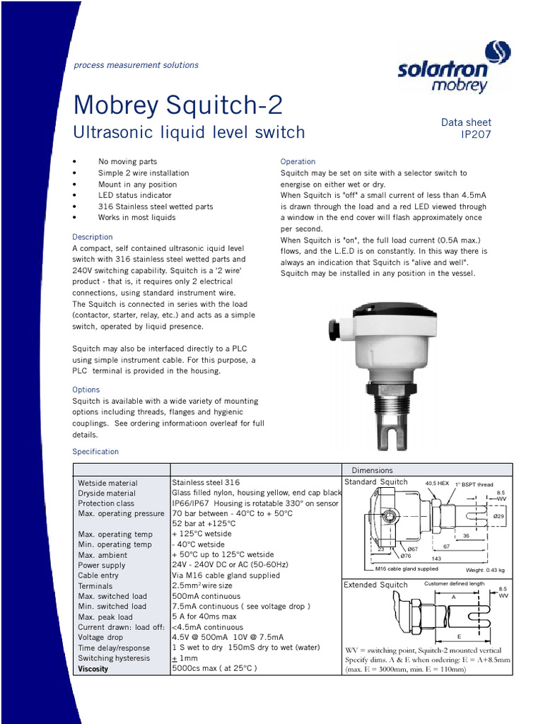 Mobrey Squitch-2: Ultrasonic Liquid Level Switch | PDF | Switch ...