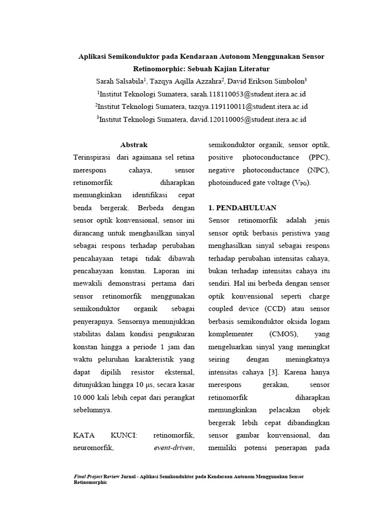 Laporan Akhir Kelompok 1 - Studi Kasus 2 - Sensor Retinomorphic - FTS | PDF | Sains & Matematika ...