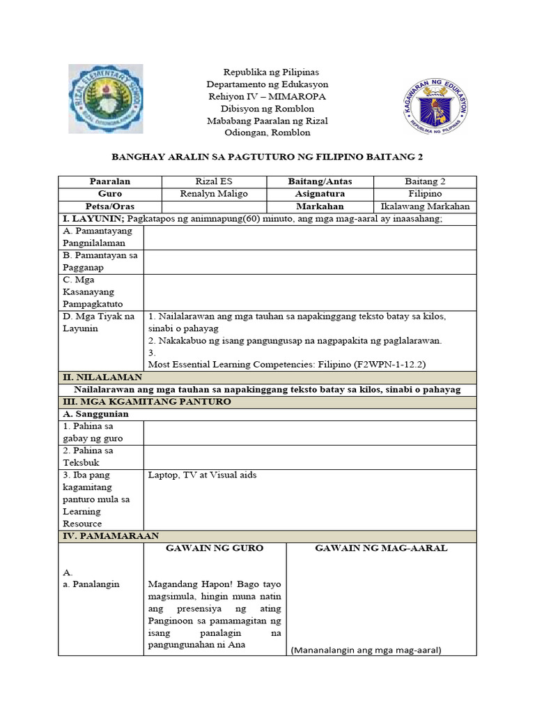 Banghay-Aralin Fil 2 | PDF